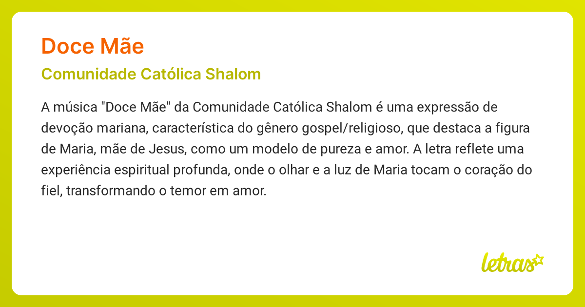 Significado da música DOCE MÃE (Comunidade Católica Shalom) - LETRAS.MUS.BR