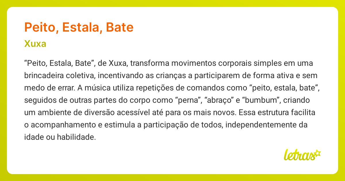 Significado da música PEITO, ESTALA, BATE (Xuxa) - LETRAS.MUS.BR