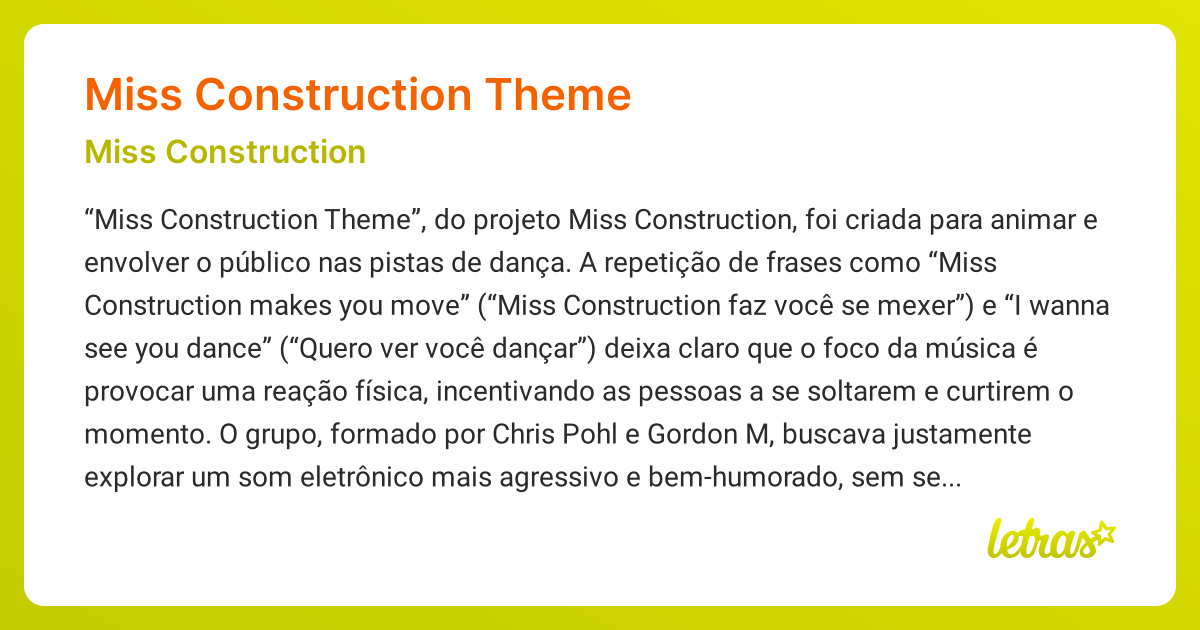 Significado da música MISS CONSTRUCTION THEME (Miss Construction ...