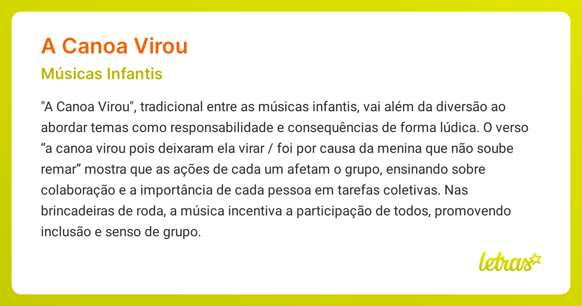 Significado da música A CANOA VIROU (Músicas Infantis) - LETRAS.MUS.BR