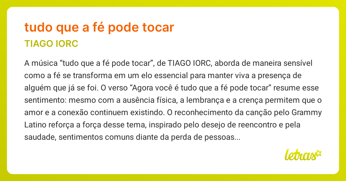 Significado da música TUDO QUE A FÉ PODE TOCAR (TIAGO IORC) - LETRAS.MUS.BR