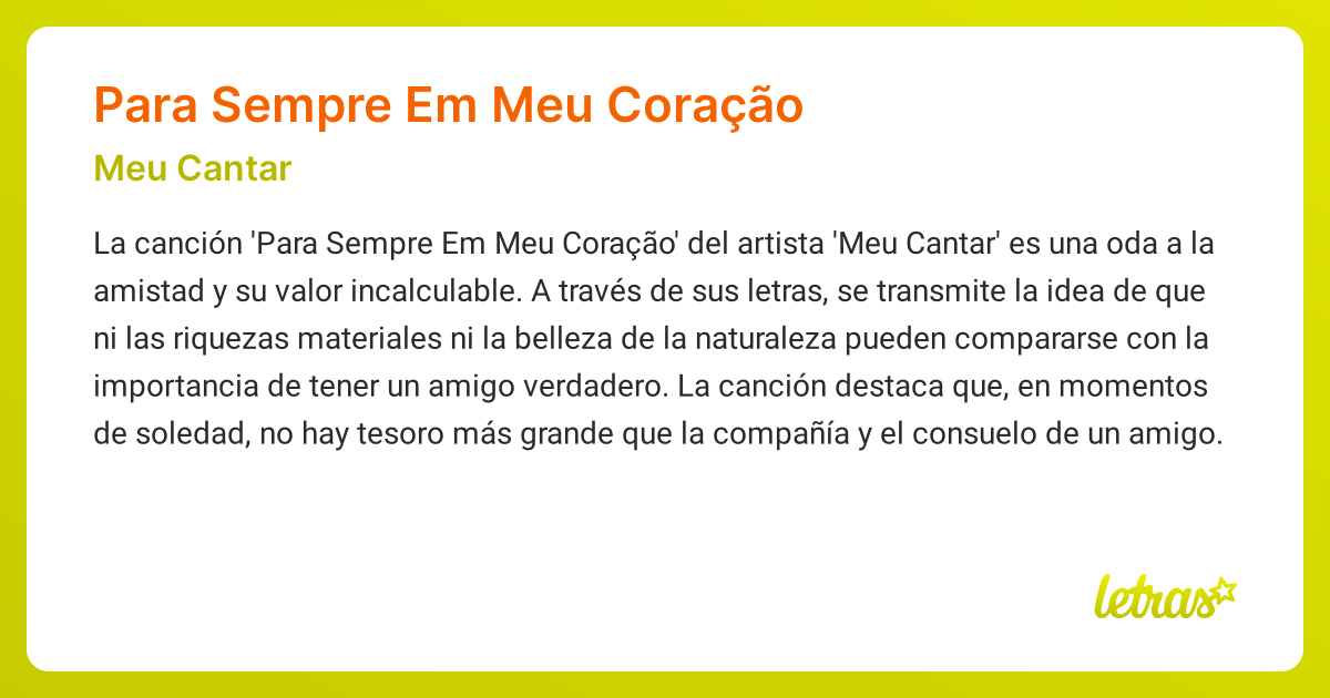 Significado de la canción PARA SEMPRE EM MEU CORAÇÃO (Meu Cantar ...