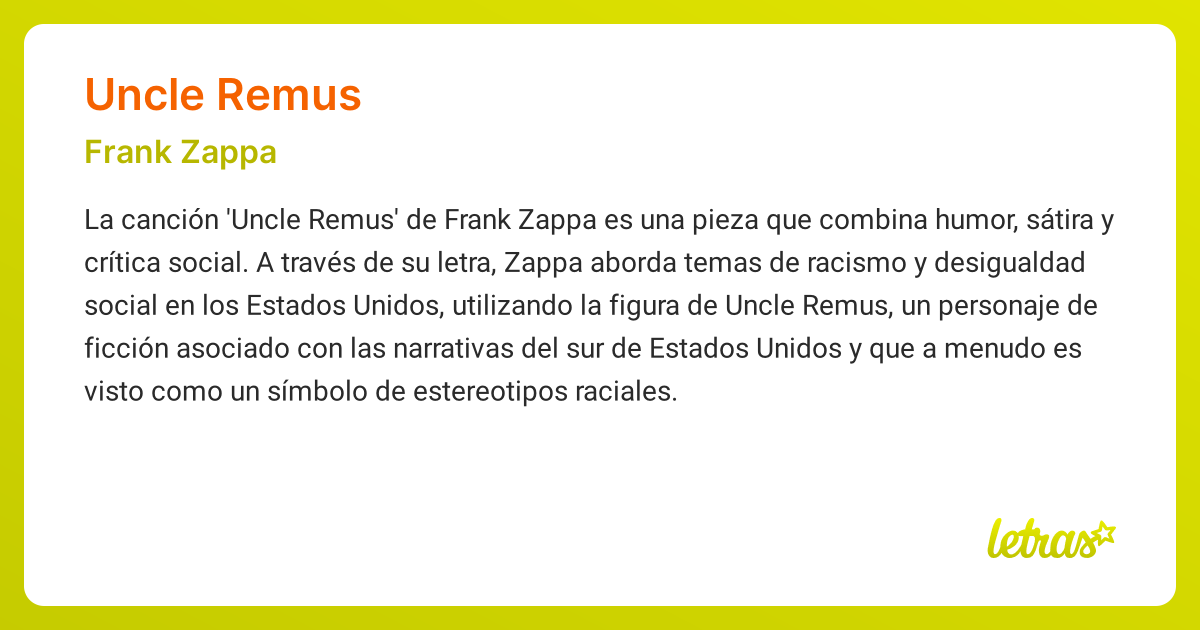 Significado de la canción UNCLE REMUS (Frank Zappa) - LETRAS.COM