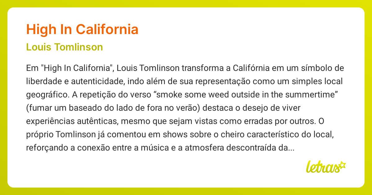 Significado da música HIGH IN CALIFORNIA (Louis Tomlinson) - LETRAS.MUS.BR