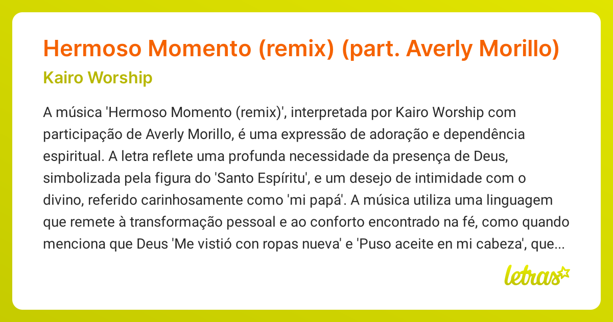 Significado da música Hermoso Momento (remix) (part. Averly Morillo ...