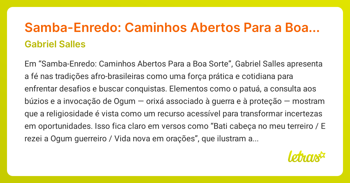Significado da música Samba-Enredo: Caminhos Abertos Para a Boa Sorte ...