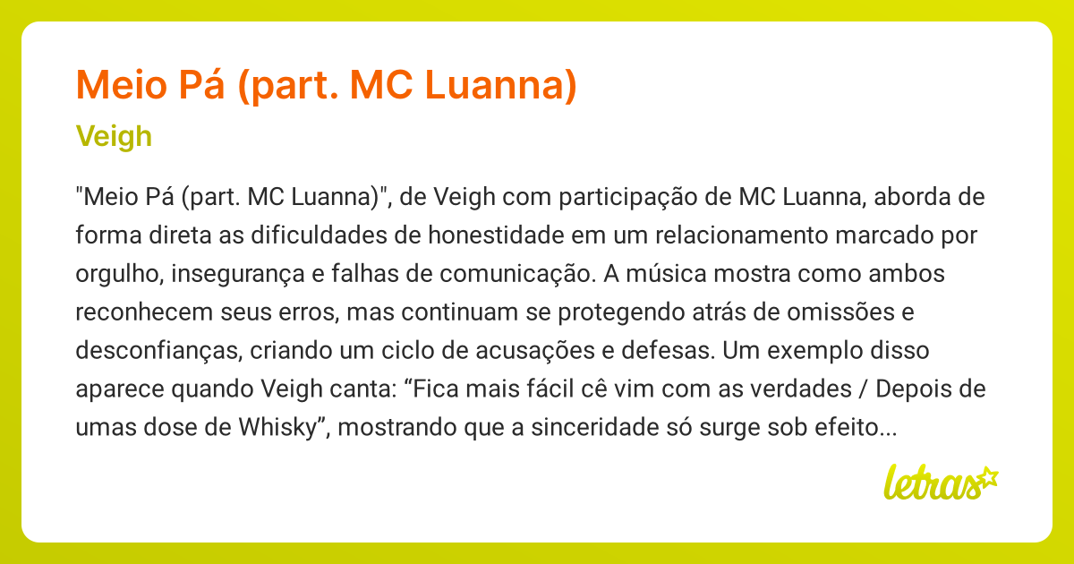 Significado da música MEIO PÁ (PART. MC LUANNA) (Veigh) - LETRAS.MUS.BR