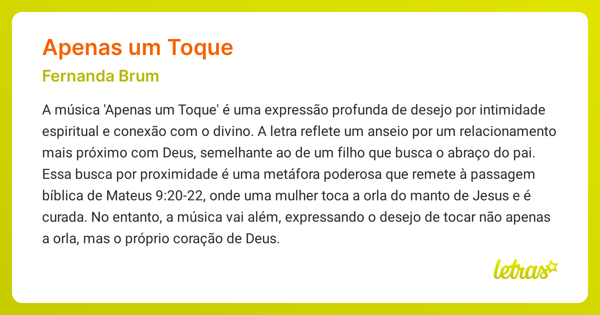 Significado da música APENAS UM TOQUE (Fernanda Brum) - LETRAS.MUS.BR