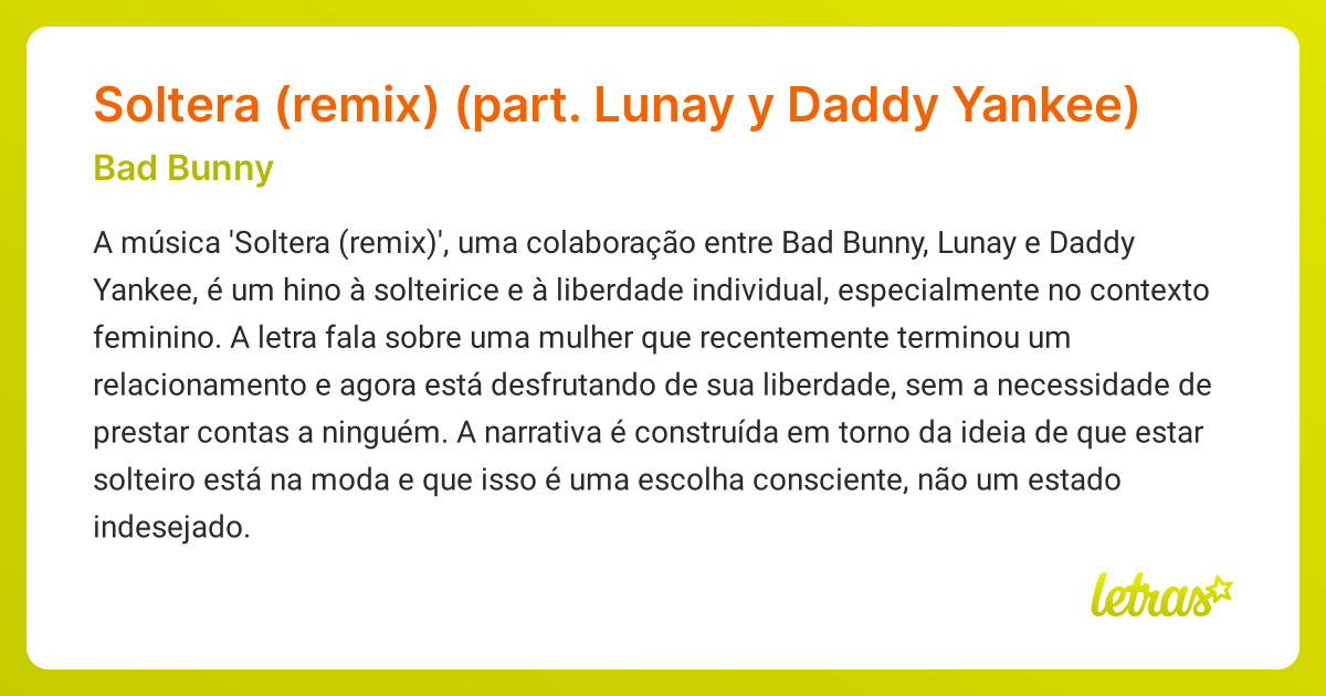Significado da música Soltera (remix) (part. Lunay y Daddy Yankee) (Bad ...