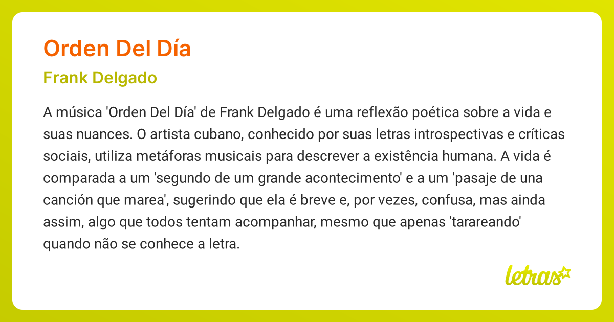 Significado da música ORDEN DEL DÍA (Frank Delgado) - LETRAS.MUS.BR