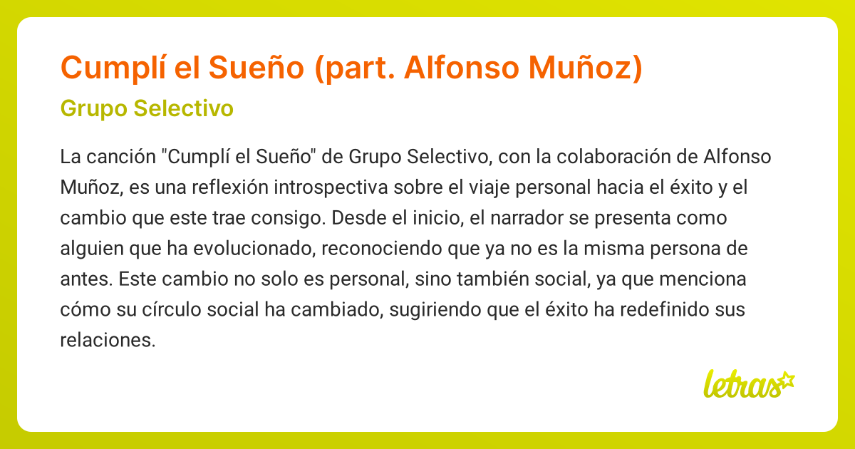 Significado de la canción Cumplí el Sueño (part. Alfonso Muñoz) (Grupo ...