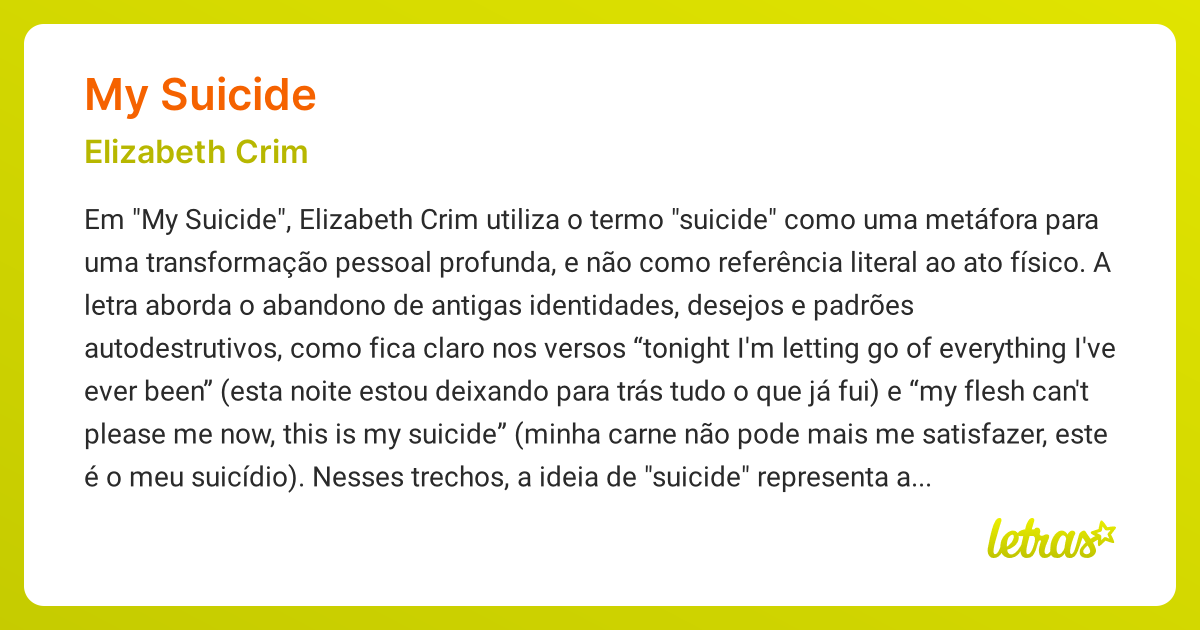 Significado da música MY SUICIDE (Elizabeth Crim) - LETRAS.MUS.BR