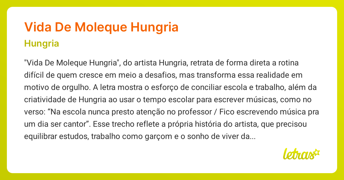 Significado da música VIDA DE MOLEQUE HUNGRIA (Hungria) - LETRAS.MUS.BR