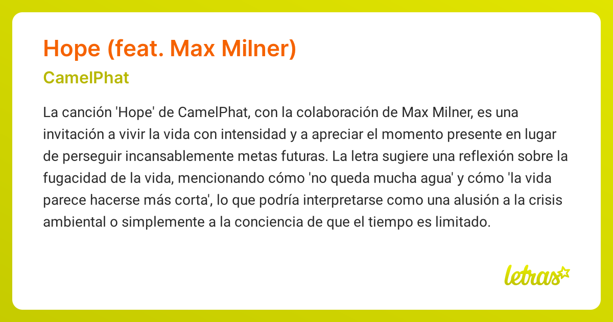 Significado de la canción HOPE (FEAT. MAX MILNER) (CamelPhat) - LETRAS.COM