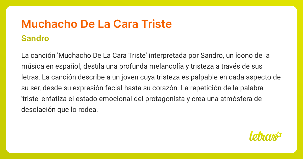 Significado de la canción MUCHACHO DE LA CARA TRISTE (Sandro) - LETRAS.COM