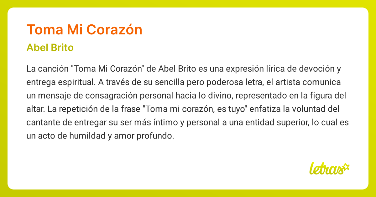 Significado de la canción TOMA MI CORAZÓN (Abel Brito) - LETRAS.COM