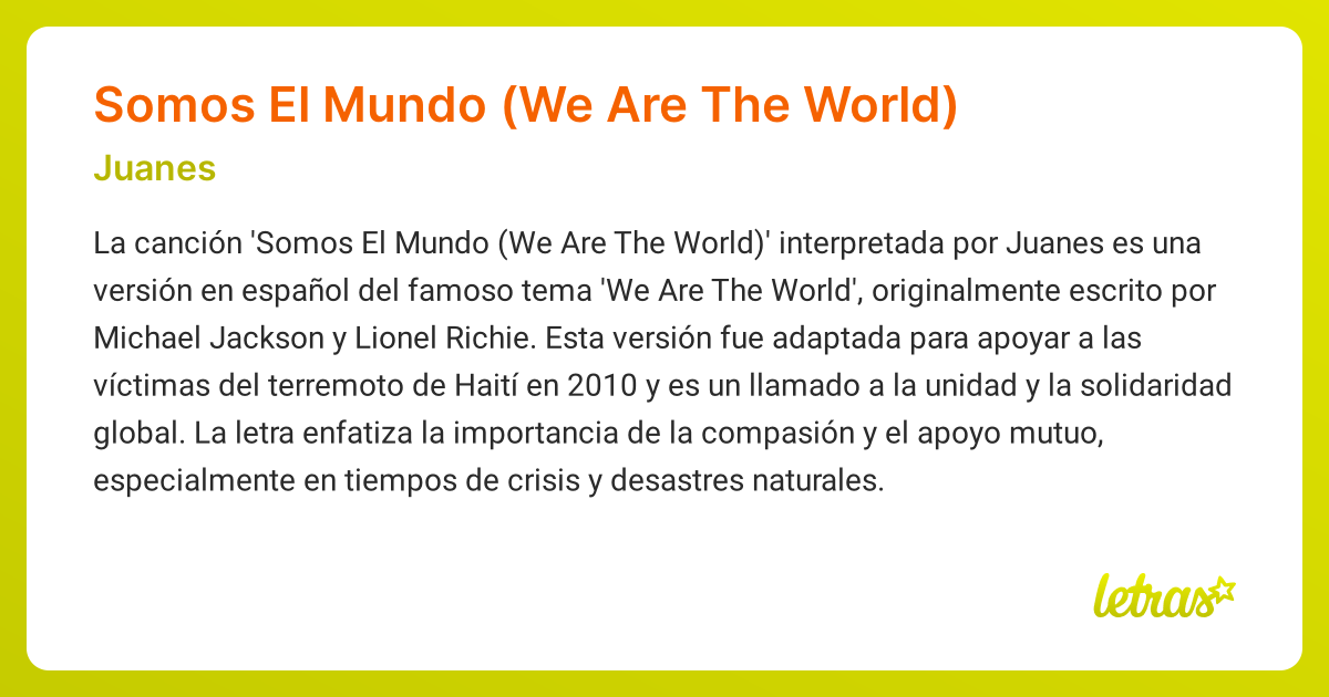 Significado de la canción Somos El Mundo (We Are The World) (Juanes ...