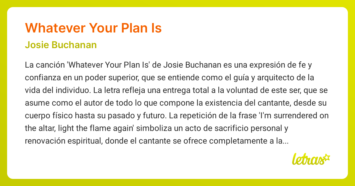 Significado de la canción WHATEVER YOUR PLAN IS (Josie Buchanan ...