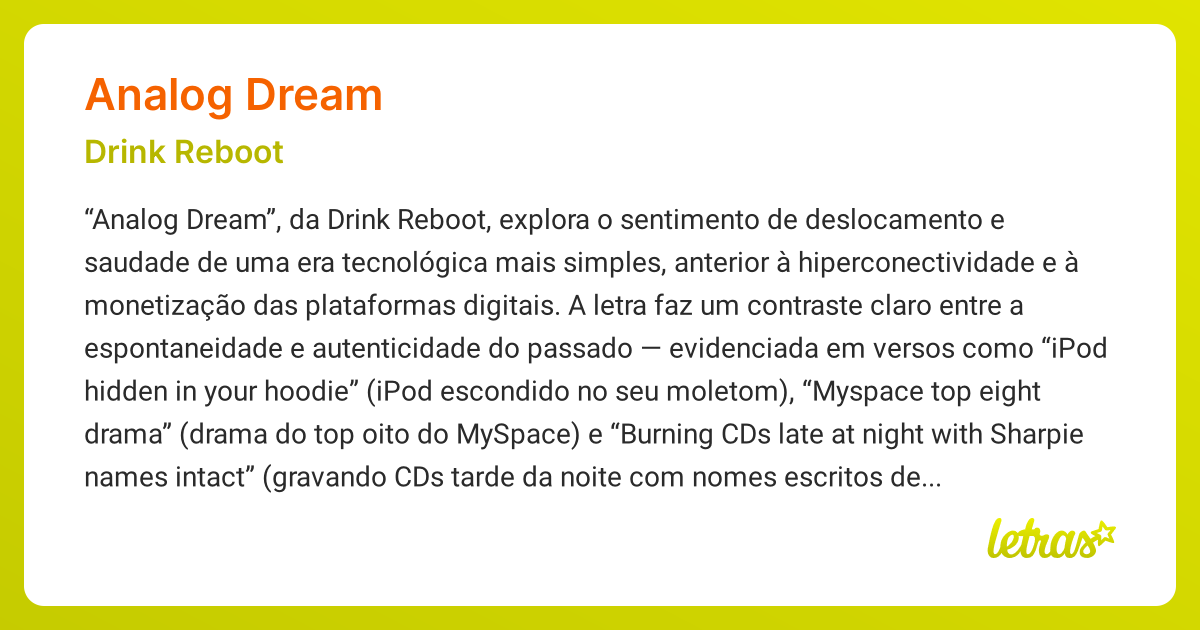 Significado da música ANALOG DREAM (Drink Reboot) - LETRAS.MUS.BR