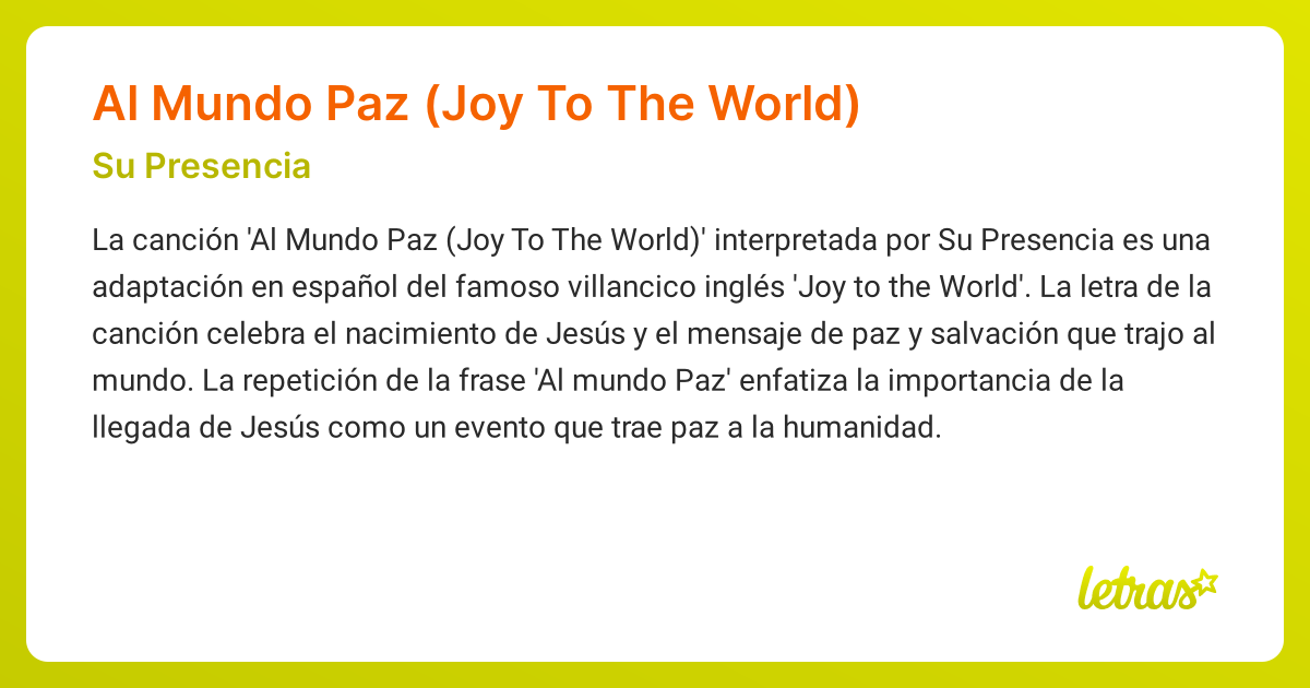 Significado de la canción Al Mundo Paz (Joy To The World) (Su Presencia ...