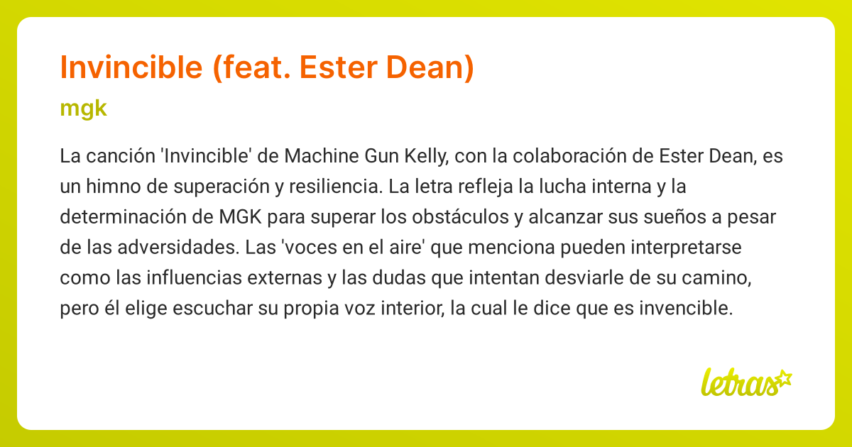 Significado de la canción INVINCIBLE (FEAT. ESTER DEAN) (mgk) - LETRAS.COM