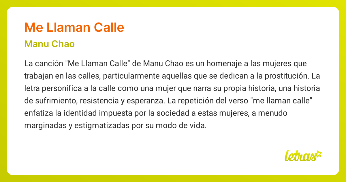 Significado de la canción ME LLAMAN CALLE (Manu Chao) - LETRAS.COM