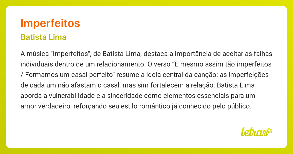 Significado da música IMPERFEITOS (Batista Lima) - LETRAS.MUS.BR