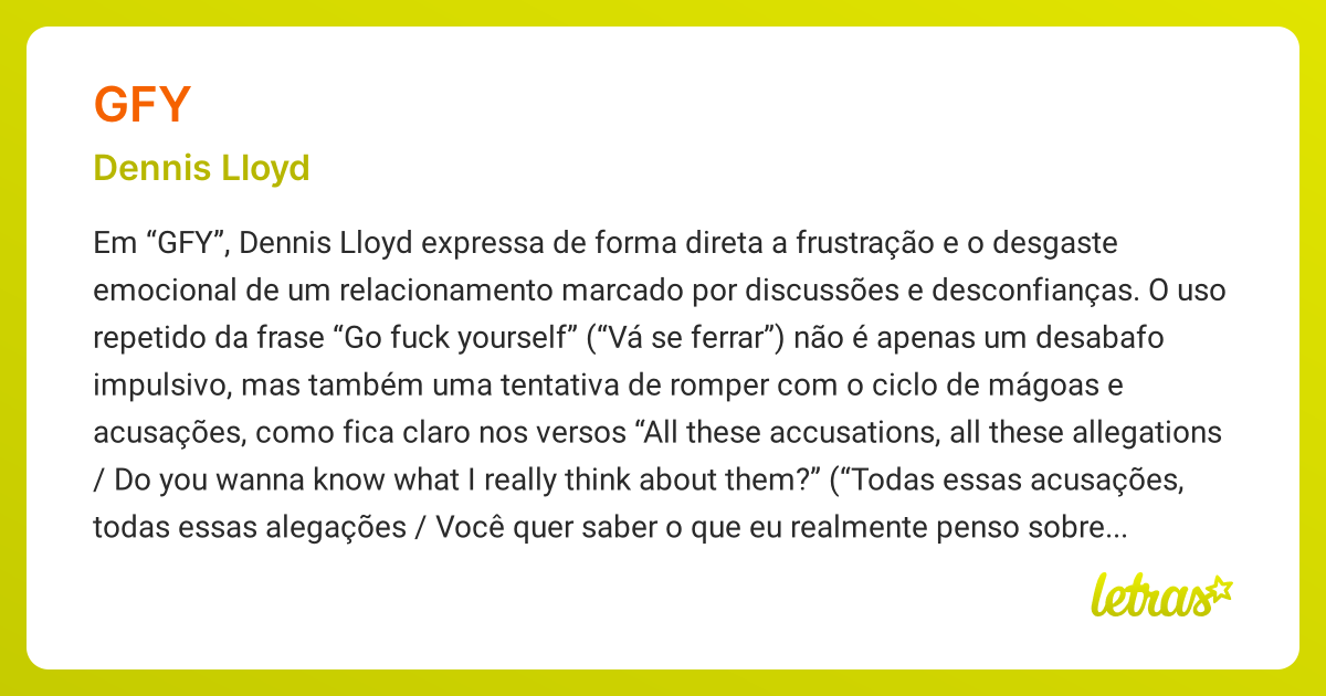 Significado da música GFY (Dennis Lloyd) - LETRAS.MUS.BR