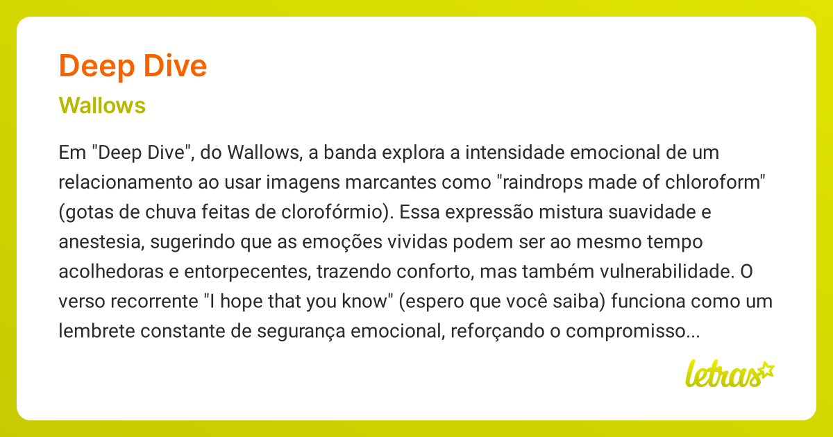 Significado da música DEEP DIVE (Wallows) - LETRAS.MUS.BR