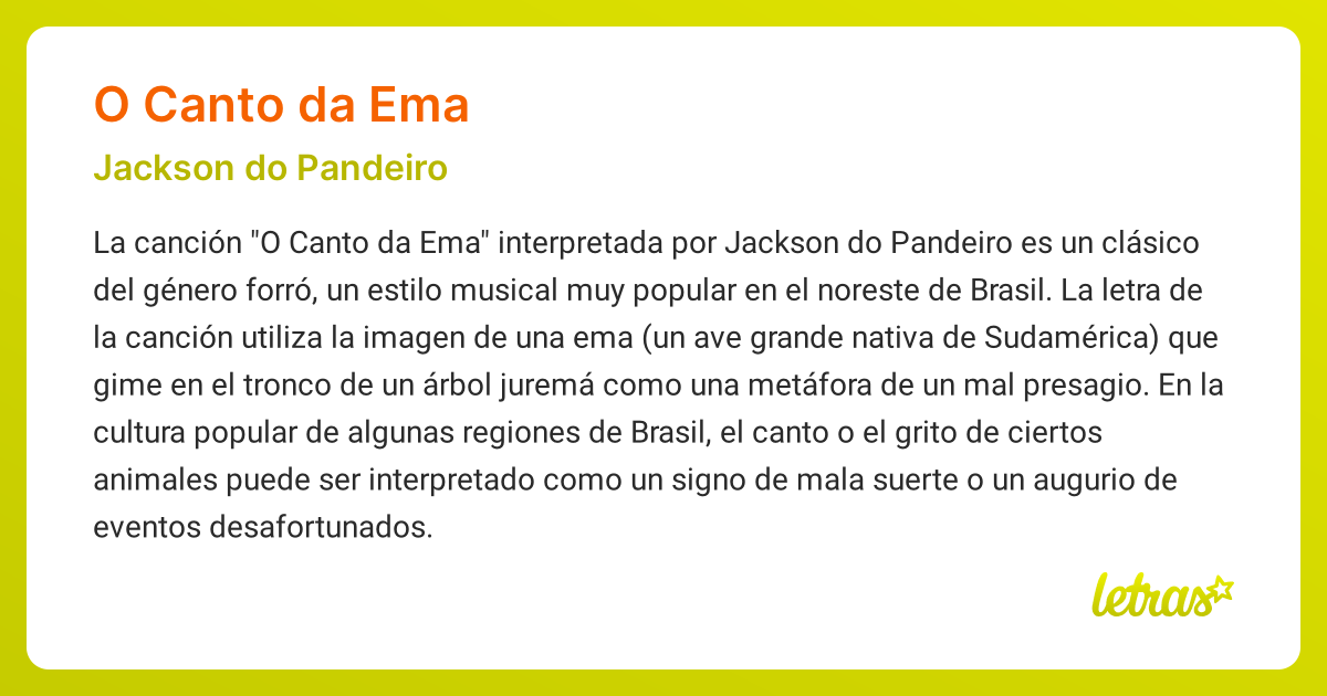 Significado de la canción O CANTO DA EMA (Jackson do Pandeiro) - LETRAS.COM