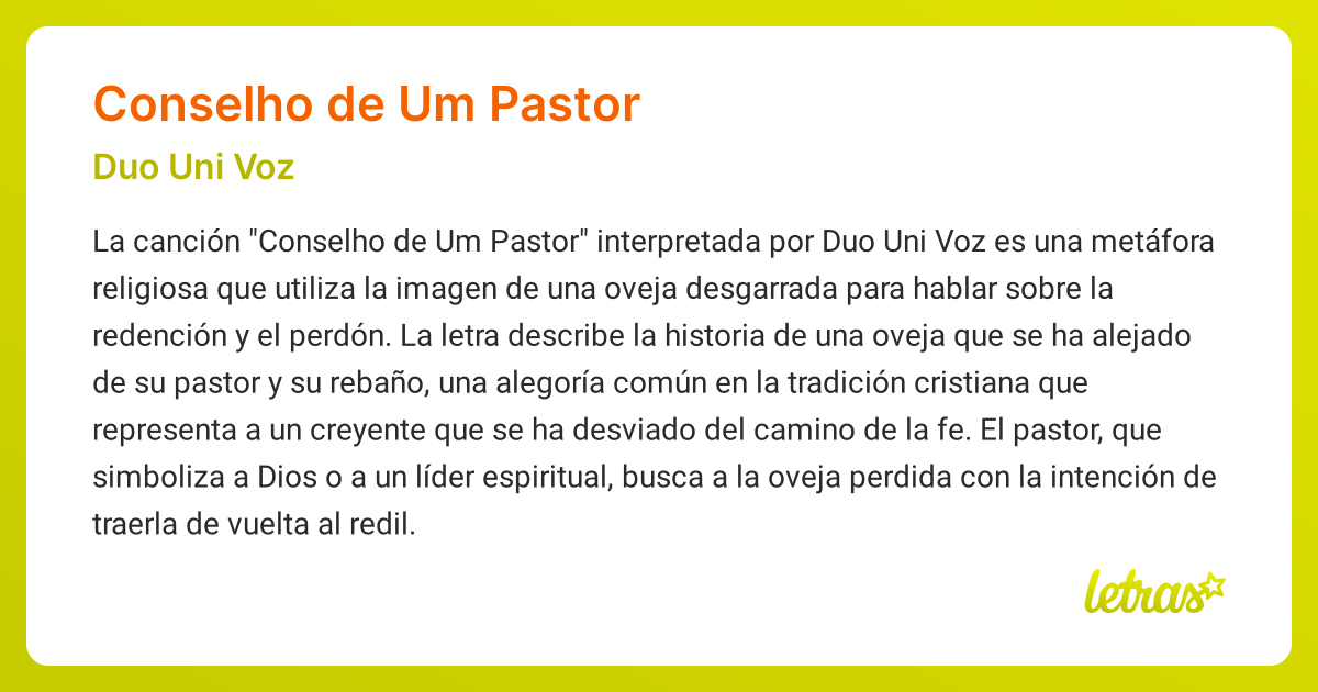 Significado de la canción CONSELHO DE UM PASTOR (Duo Uni Voz) - LETRAS.COM