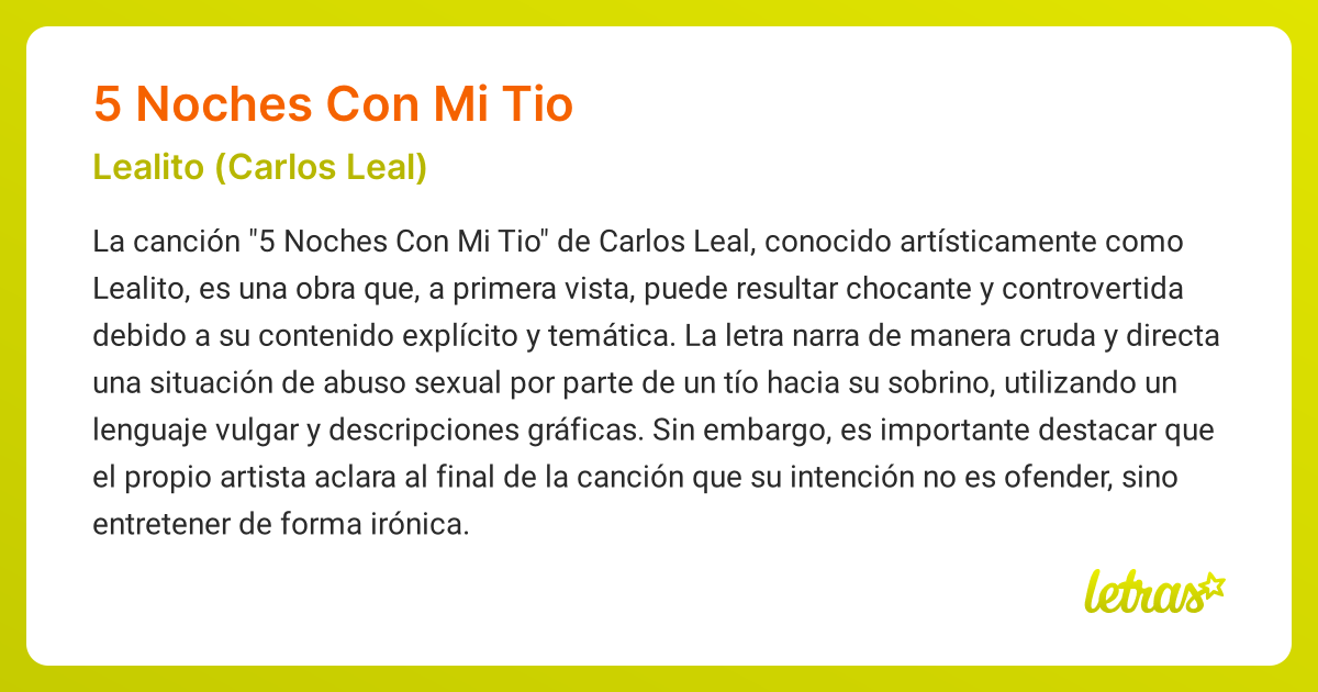 Significado de la canción 5 NOCHES CON MI TIO (Lealito (Carlos Leal ...