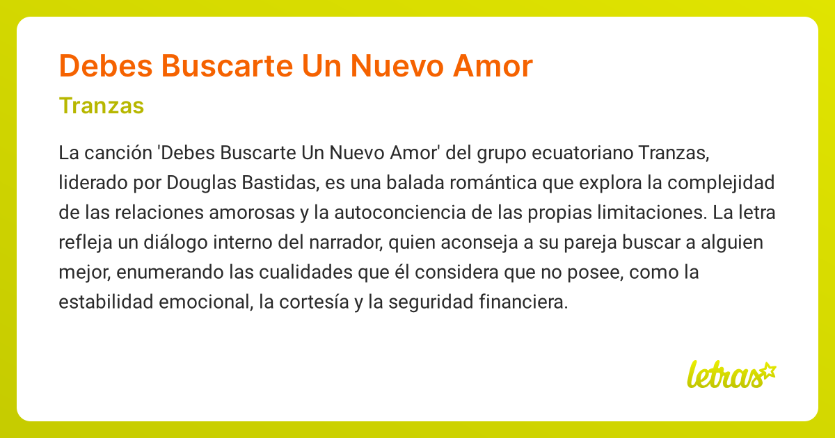 Significado de la canción DEBES BUSCARTE UN NUEVO AMOR (Tranzas ...