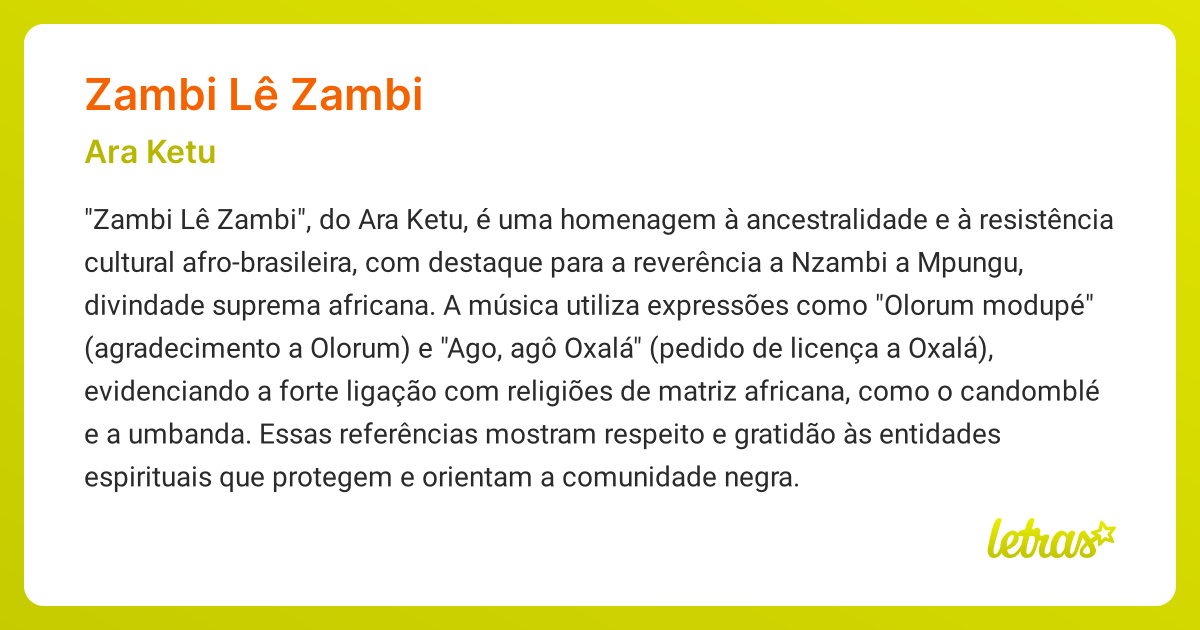 Significado da música ZAMBI LÊ ZAMBI (Ara Ketu) - LETRAS.MUS.BR