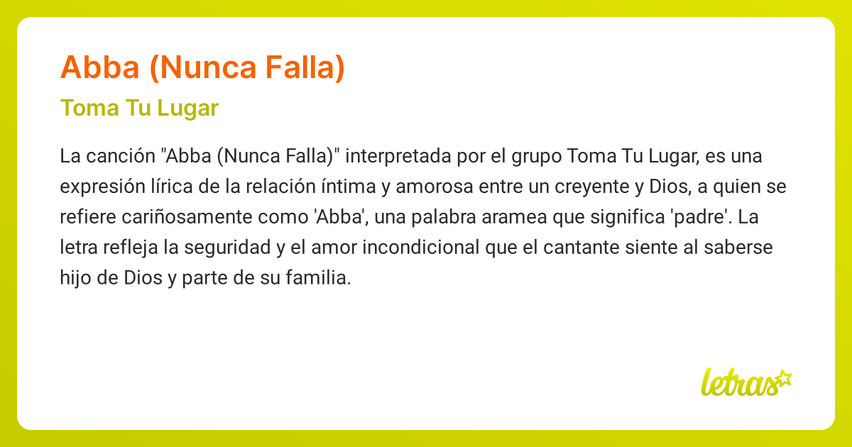 Significado de la canción ABBA (NUNCA FALLA) (Toma Tu Lugar) - LETRAS.COM
