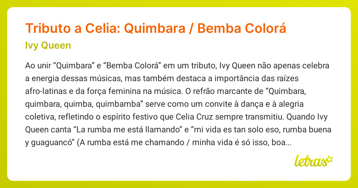 Significado da música Tributo a Celia: Quimbara / Bemba Colorá (Ivy ...