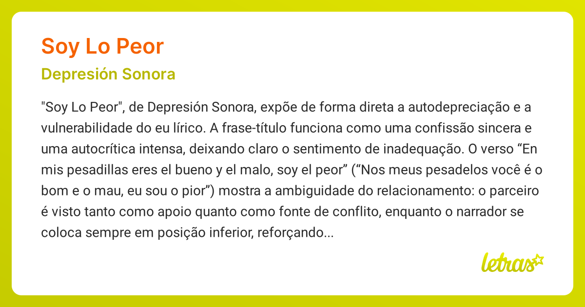 Significado da música SOY LO PEOR (Depresión Sonora) - LETRAS.MUS.BR