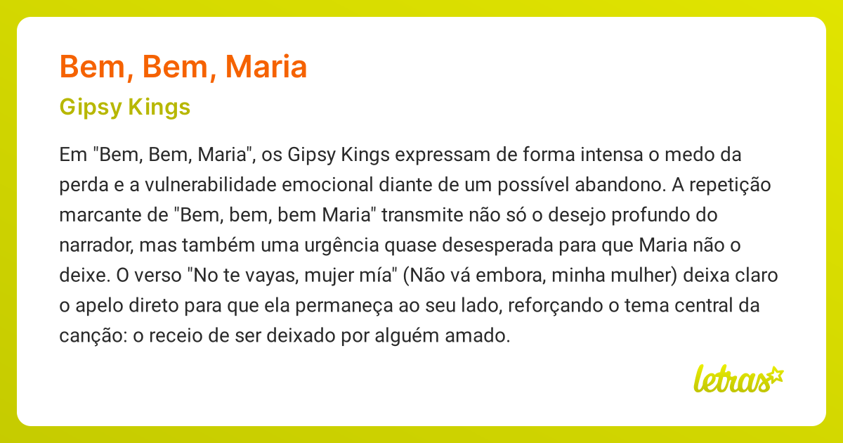 Significado da música BEM, BEM, MARIA (Gipsy Kings) - LETRAS.MUS.BR