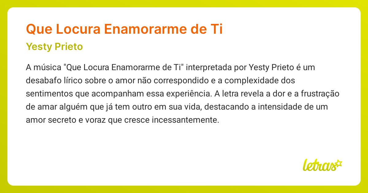 Significado da música QUE LOCURA ENAMORARME DE TI (Yesty Prieto ...