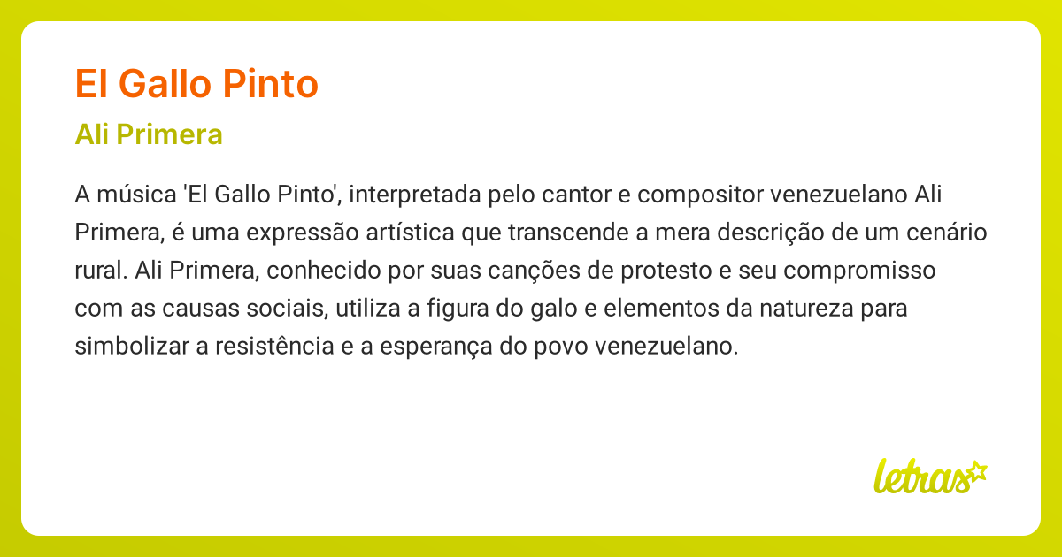 Significado da música EL GALLO PINTO (Ali Primera) - LETRAS.MUS.BR