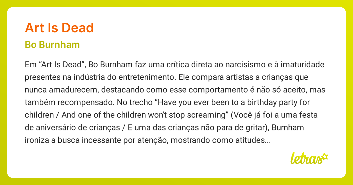Significado da música ART IS DEAD (Bo Burnham) - LETRAS.MUS.BR