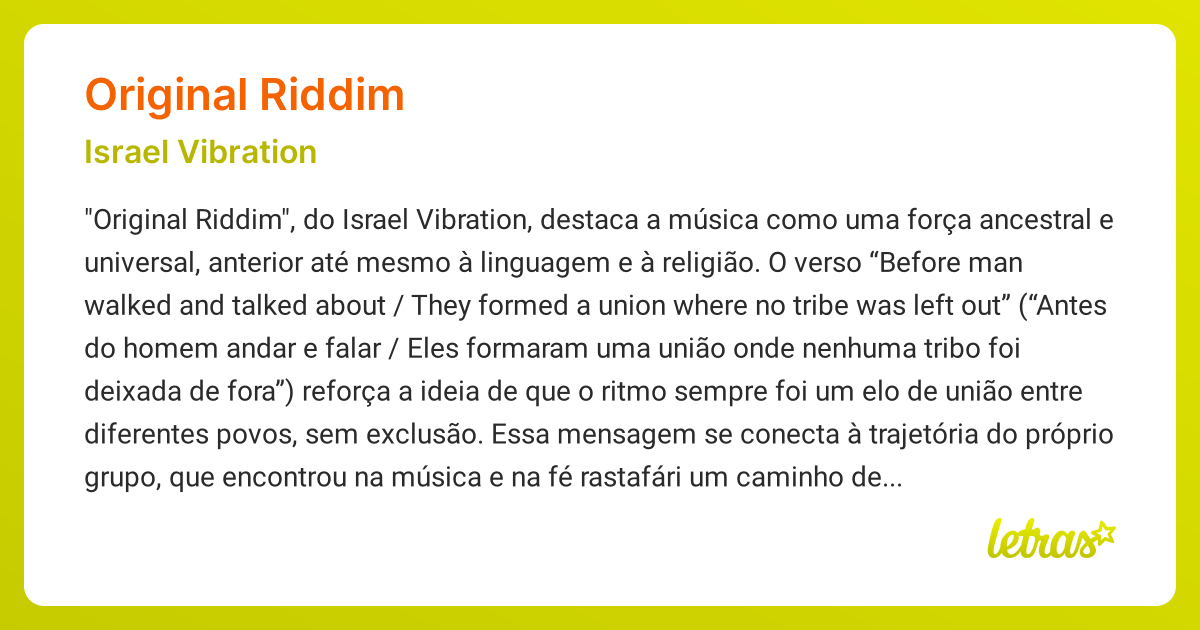 Significado da música ORIGINAL RIDDIM (Israel Vibration) - LETRAS.MUS.BR