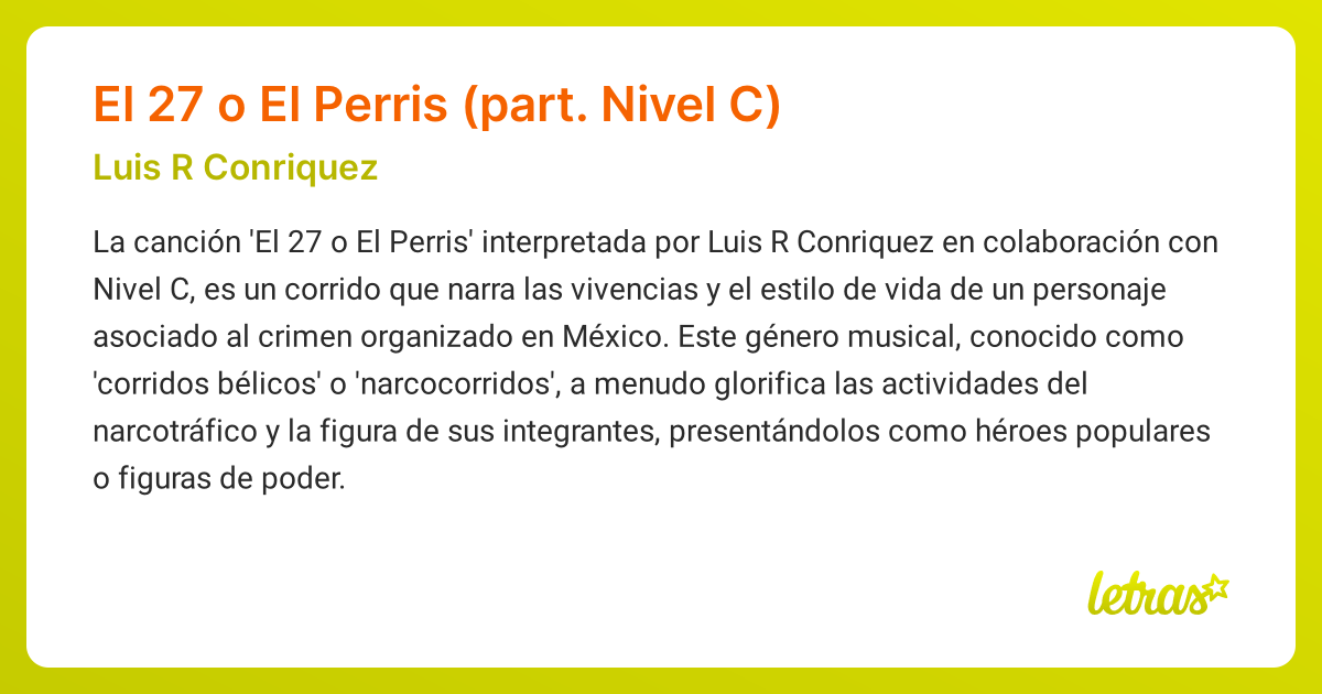 Significado de la canción El 27 o El Perris (part. Nivel C) (Luis R ...