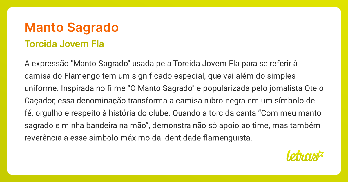 Significado da música MANTO SAGRADO (Torcida Jovem Fla) - LETRAS.MUS.BR