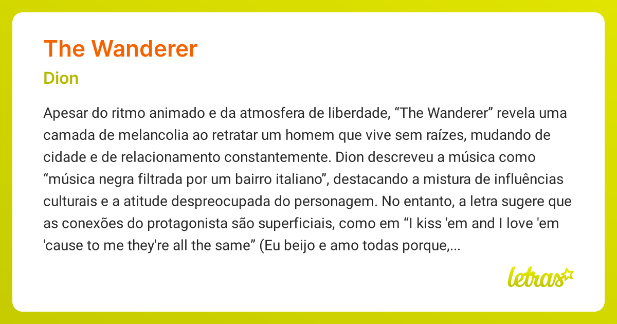 Significado da música THE WANDERER (Dion) - LETRAS.MUS.BR