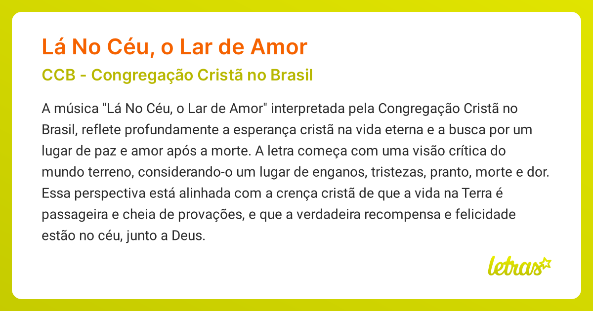 Significado da música LÁ NO CÉU, O LAR DE AMOR (CCB - Congregação ...