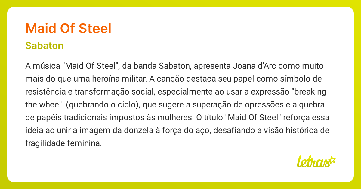 Significado da música MAID OF STEEL (Sabaton) - LETRAS.MUS.BR