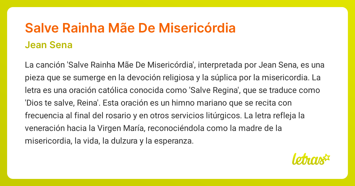 Significado de la canción Salve Rainha Mãe De Misericórdia (Jean Sena) - LETRAS.COM