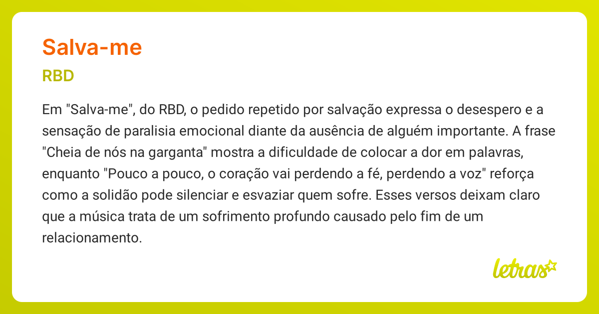 Significado da música SALVA-ME (RBD) - LETRAS.MUS.BR