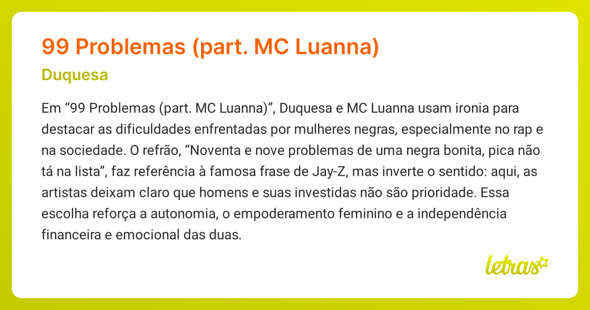 Significado da música 99 PROBLEMAS (PART. MC LUANNA) (Duquesa) - LETRAS ...
